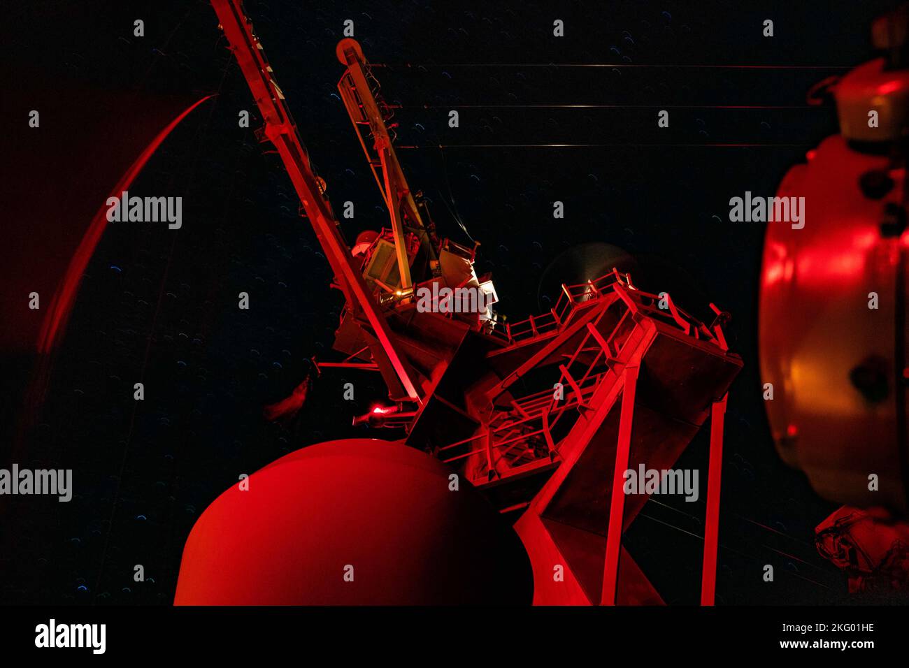 A view of the mast of the Arleigh Burke-class guided-missile destroyer ...