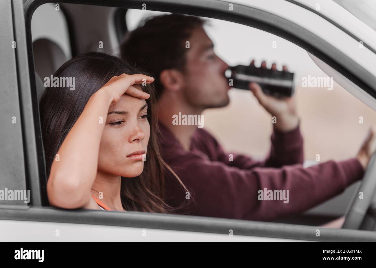 Drunk driving couple upset tired from drinking in car. Man driver ...