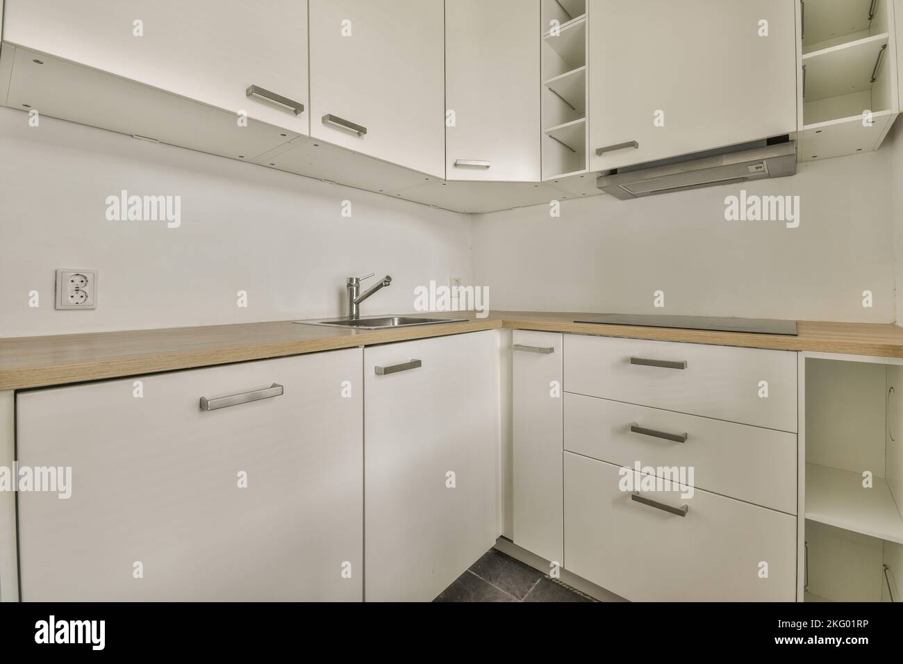 Modern home kitchen corner interior design with white cupboards and ...