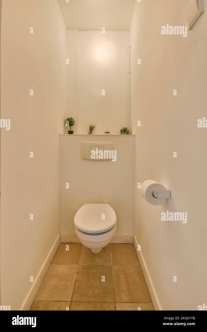 Interior of narrow restroom with wall hung toilet with white walls and ...