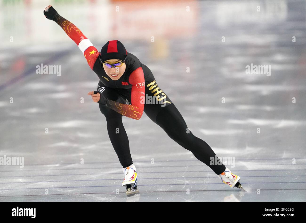 Qishi Li (CHN) on the 500m women during ISU World Cup Speedskating on ...