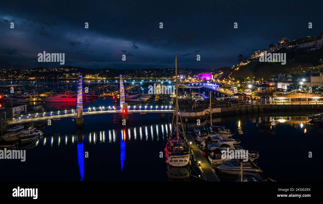 Night over Torquay Marina from a drone, English Riviera, Torbay, Devon ...