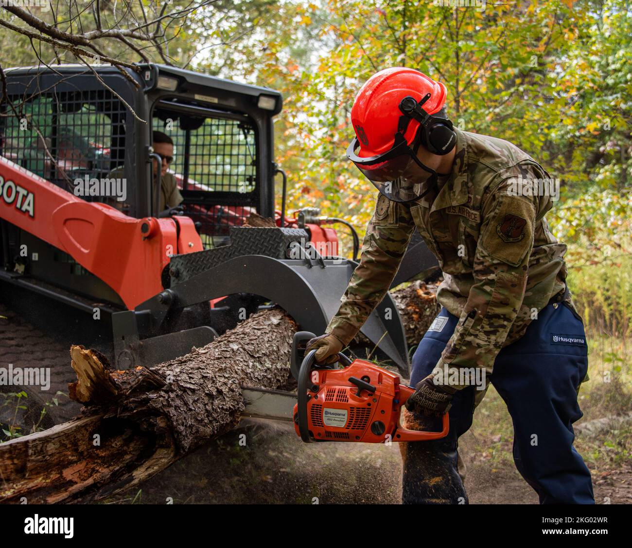 An Airman from the 166th Airlift Wing Civil Engineer Squadron trains ...