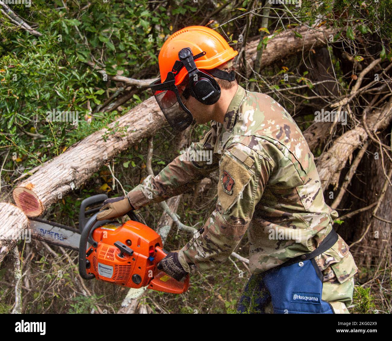 An Airman from the 166th Airlift Wing Civil Engineer Squadron trains ...
