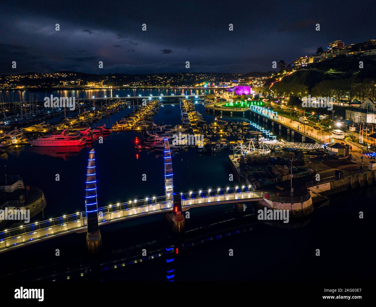 Night over Torquay Marina from a drone, English Riviera, Torbay, Devon ...