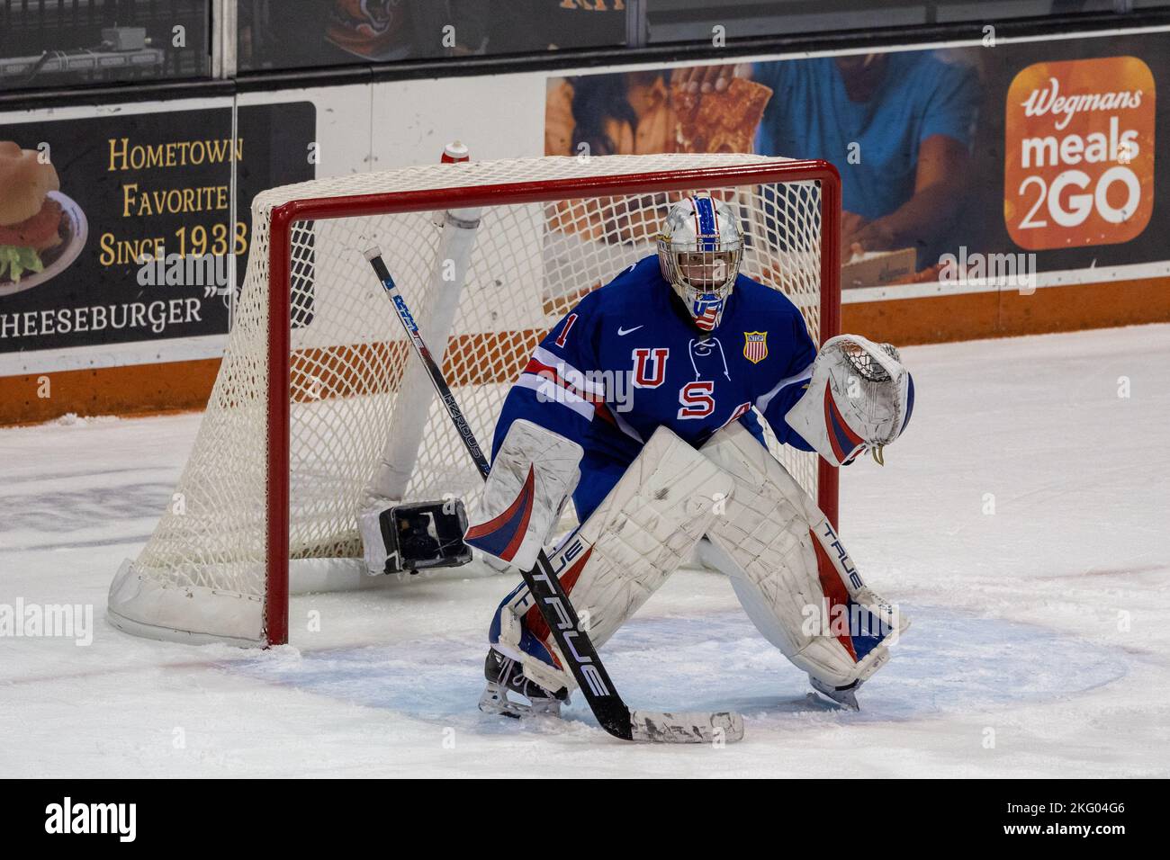 November 19, 2022: Team USA goaltender Trey Augustine (1) prepares to ...