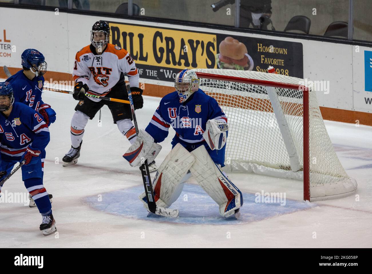 November 19, 2022: Team USA goaltender Trey Augustine (1) prepares to ...