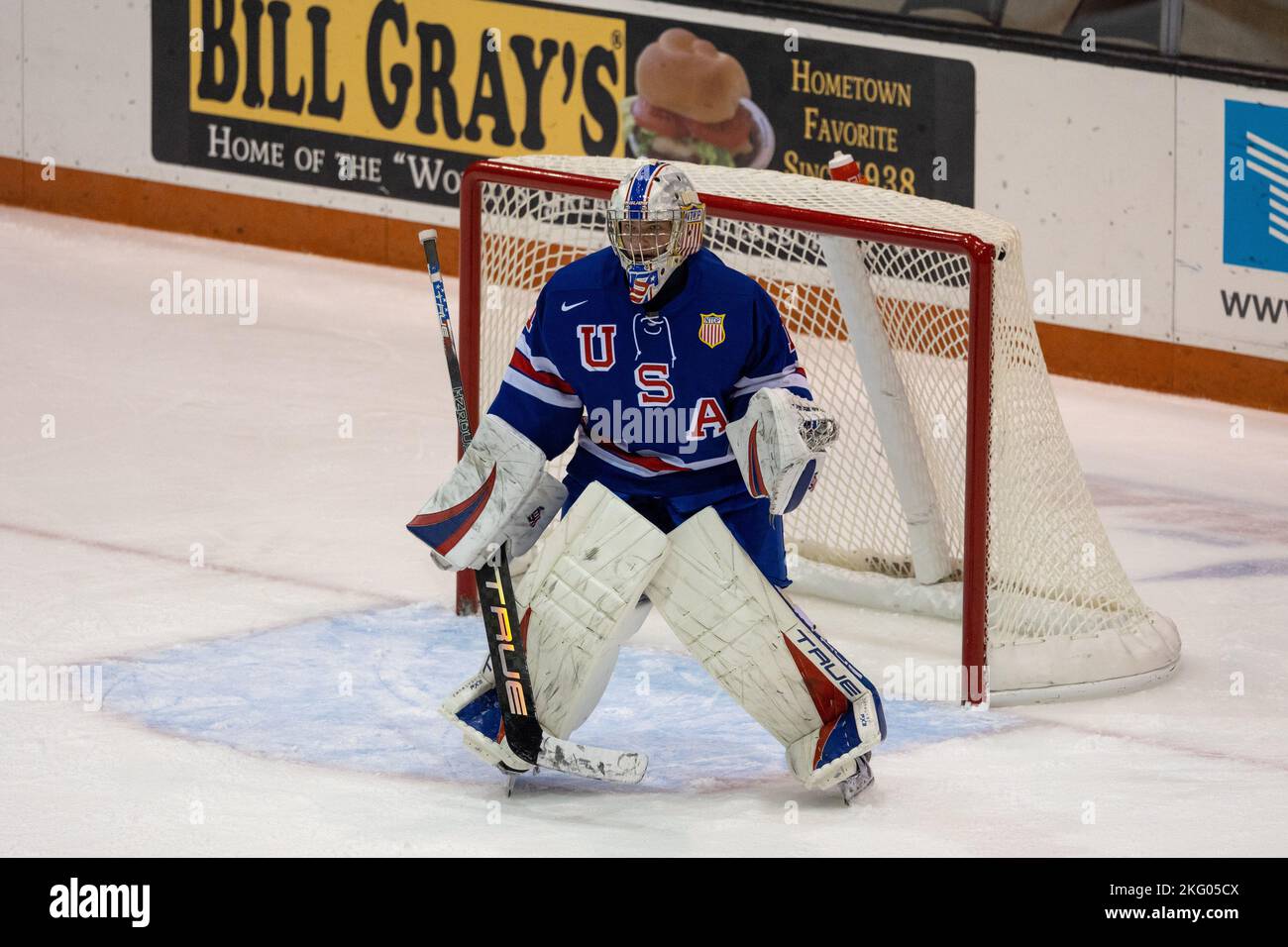 November 19, 2022: Team USA goaltender Trey Augustine (1) prepares to ...