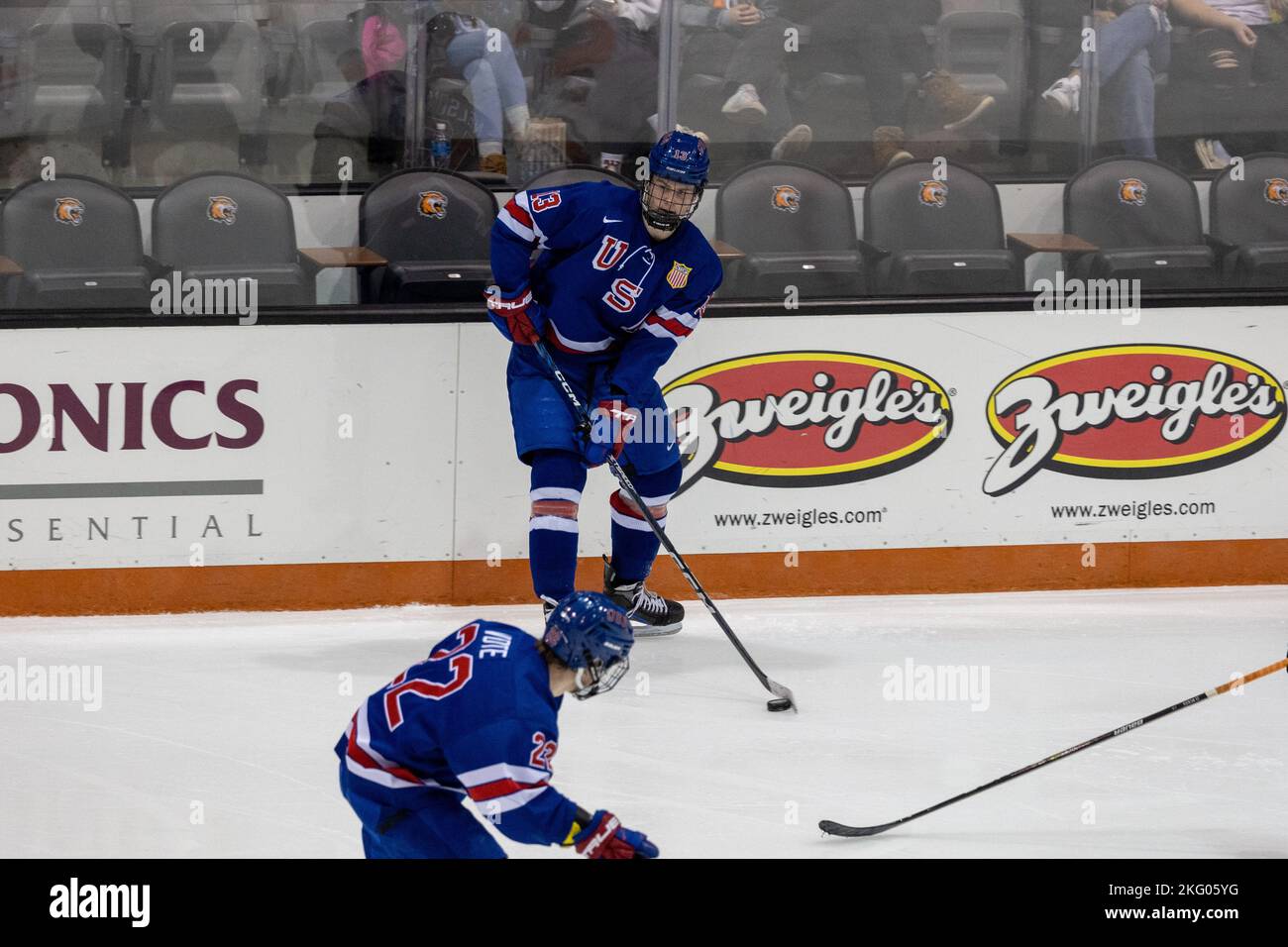 November 19, 2022: Team USA forward Danny Nelson (13) skates with the ...