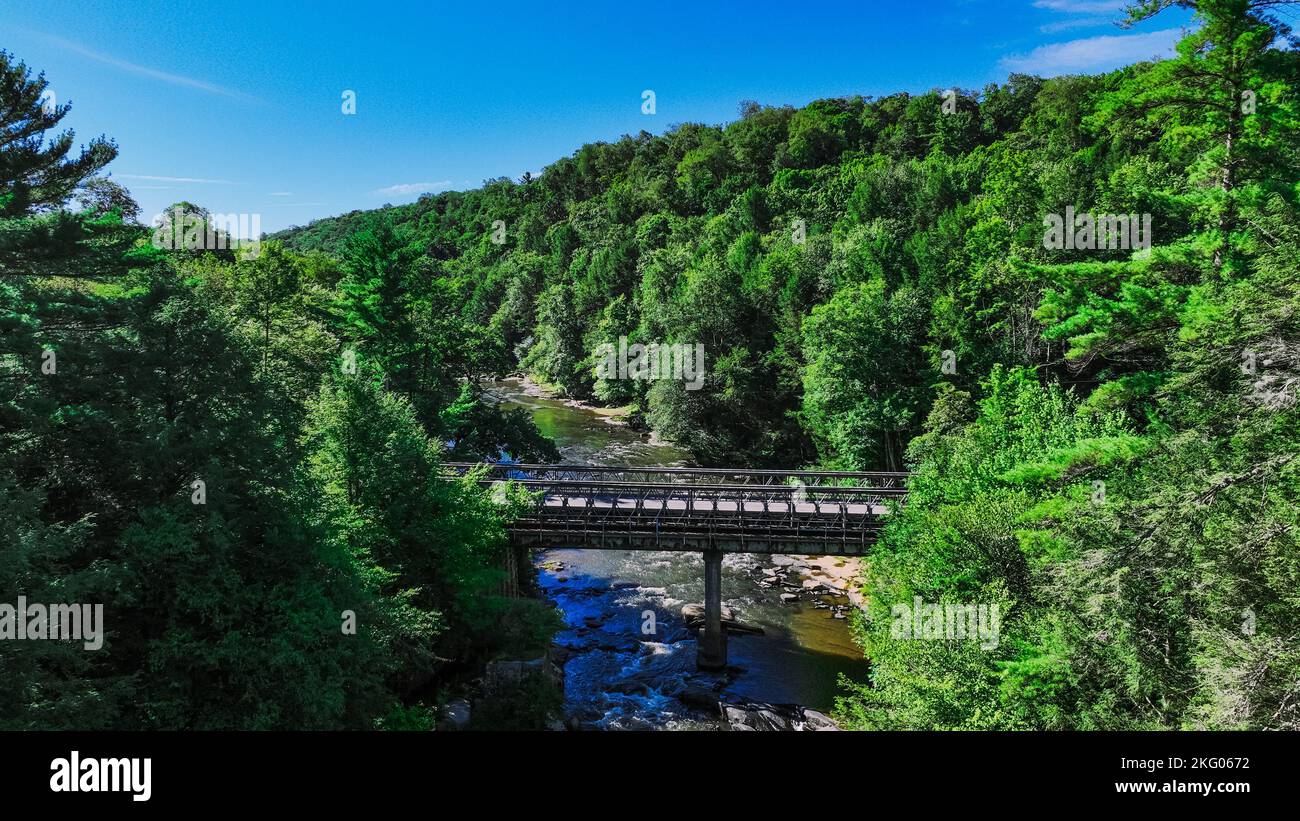 An aerial view of a bright over a rocky river flowing through dense spruce forest, Swallow Falls ...