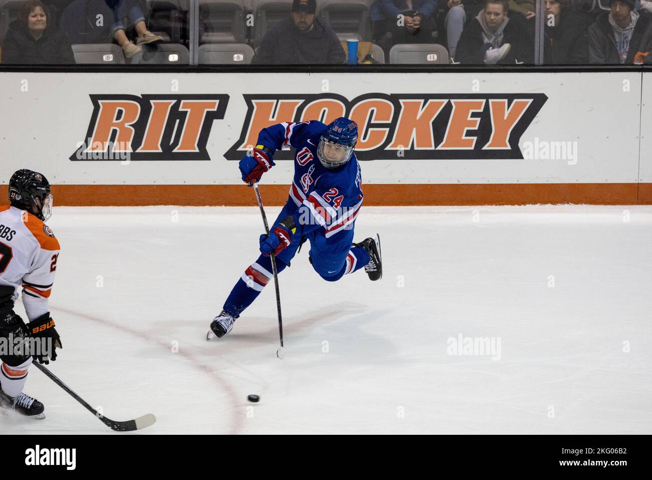 November 19, 2022: Team USA defenseman Drew Fortescue (24) takes a shot ...