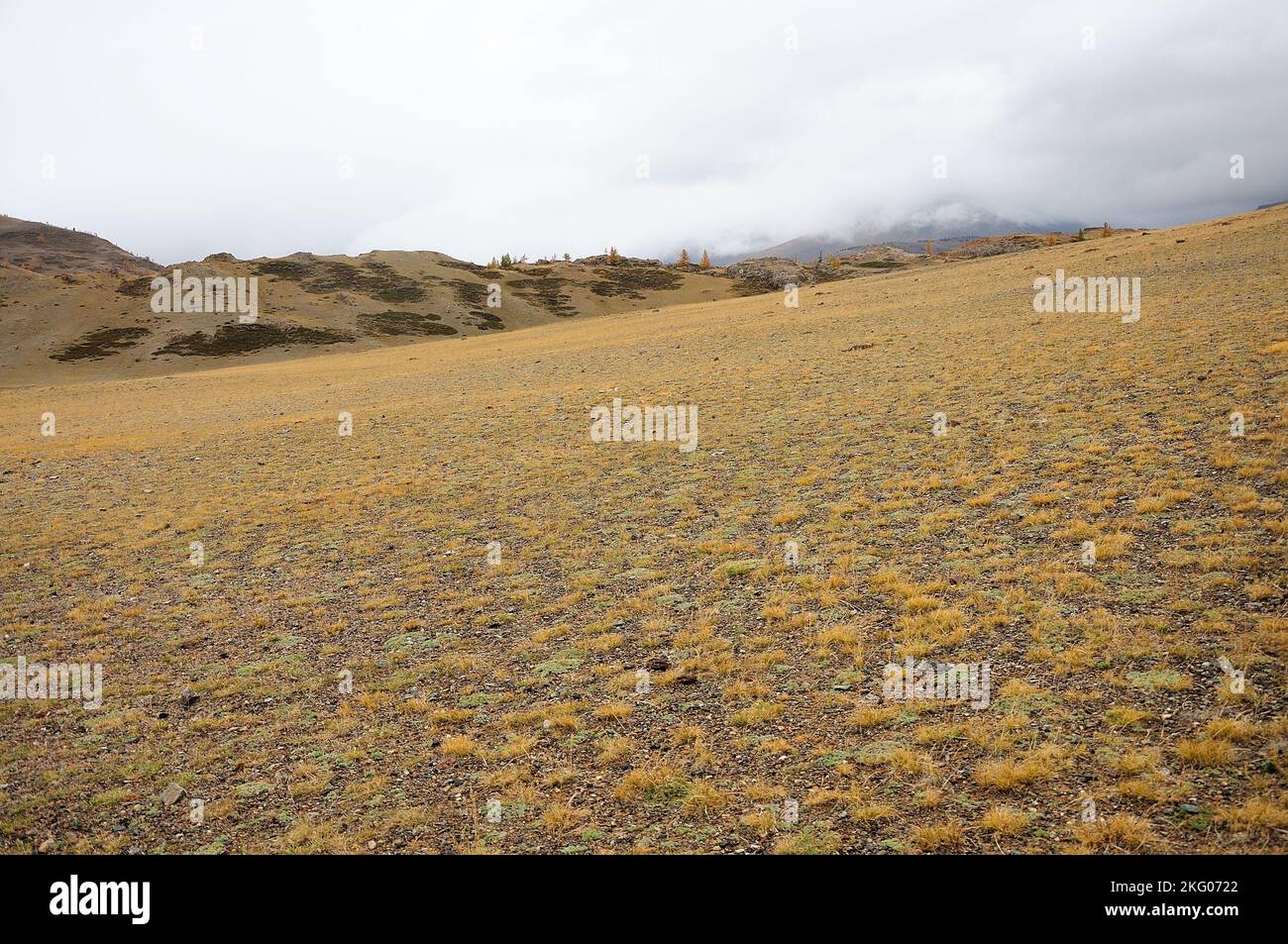 The gentle slope of a high hill with low sparse grass under a cloudy ...