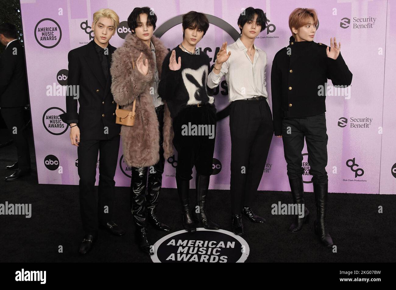 (L-R) TXT aka TOMORROW X TOGETHER - Soobin, HueningKai, Beomgyu, Yeonjun and Taehyun arrives at ...