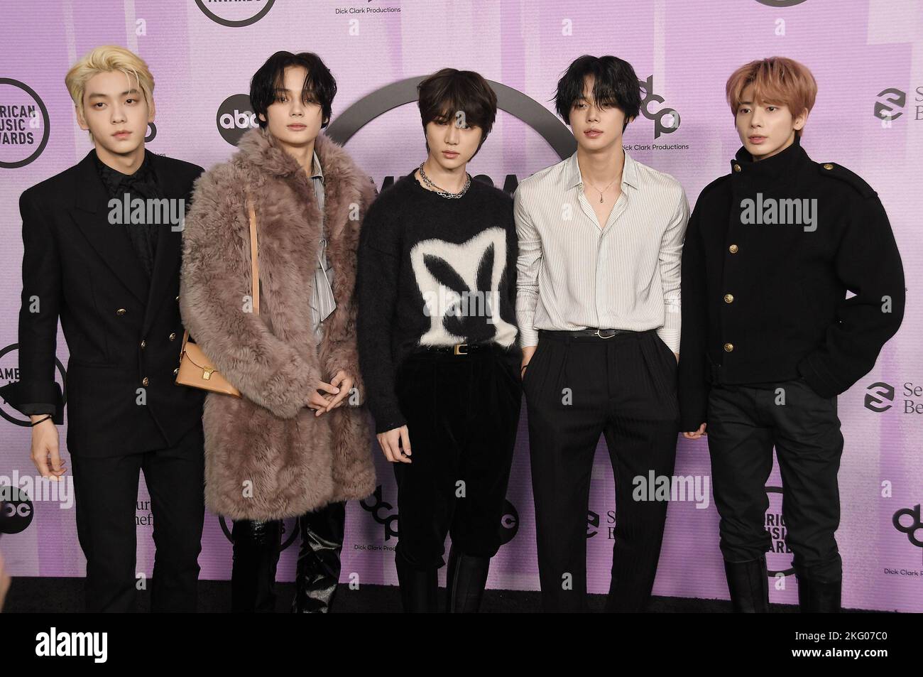 (L-R) TXT aka TOMORROW X TOGETHER - Soobin, HueningKai, Beomgyu, Yeonjun and Taehyun arrives at ...