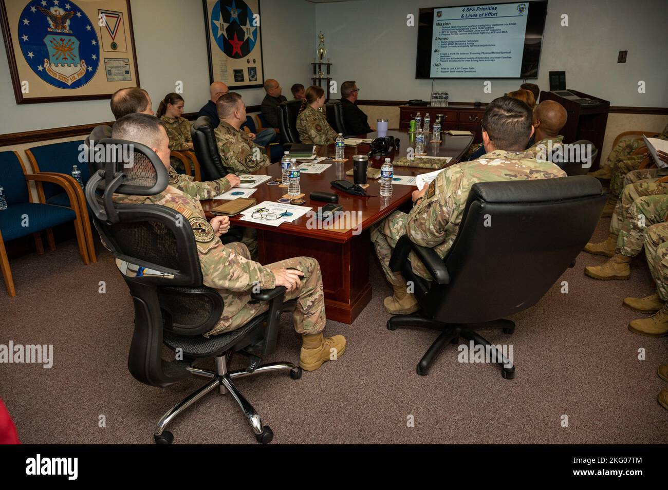 Airmen assigned to the 4th Security Forces Squadron and Air Combat Command hold a meeting on the ...
