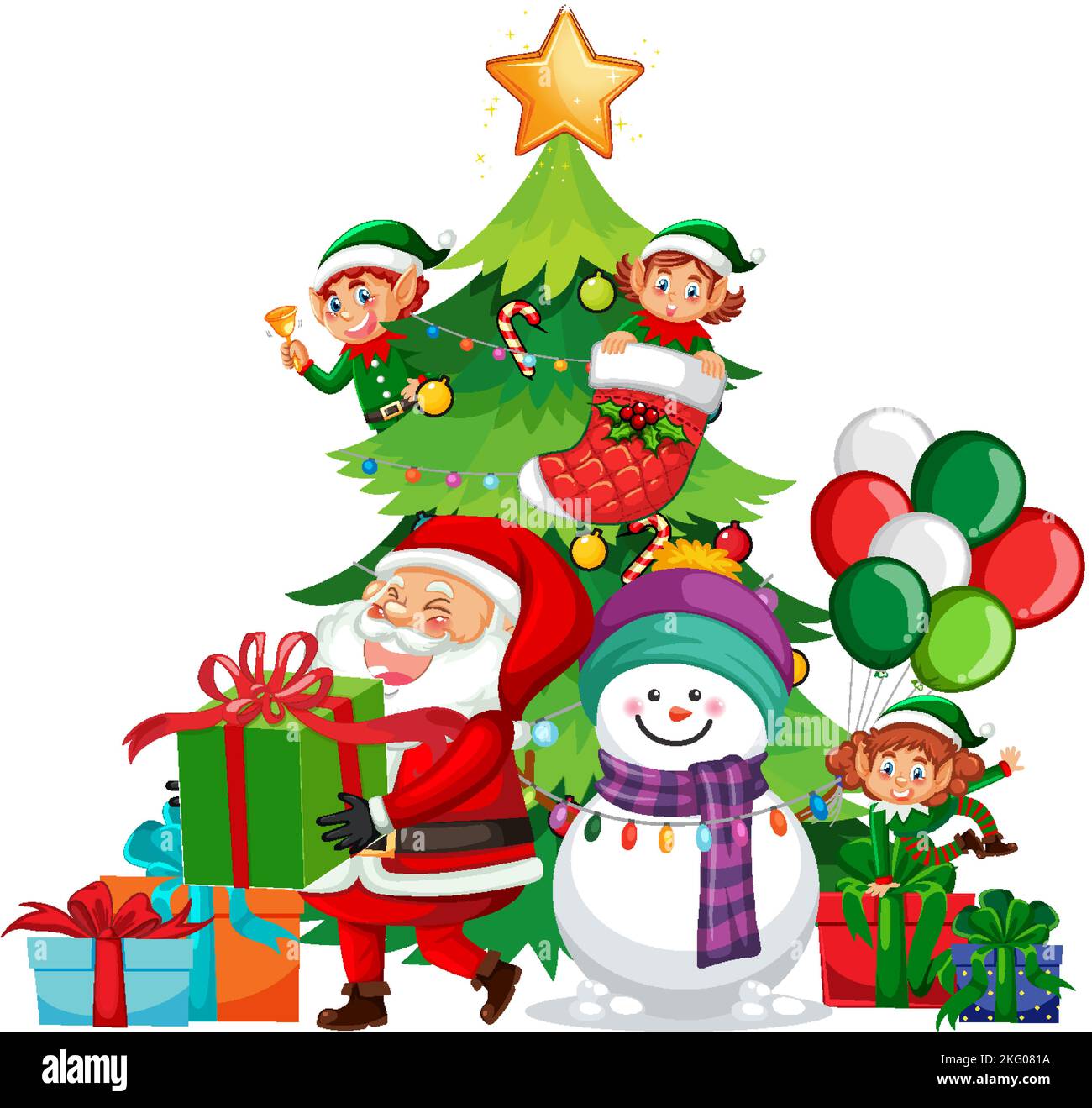 Christmas tree with Santa Claus and elves illustration Stock Vector ...