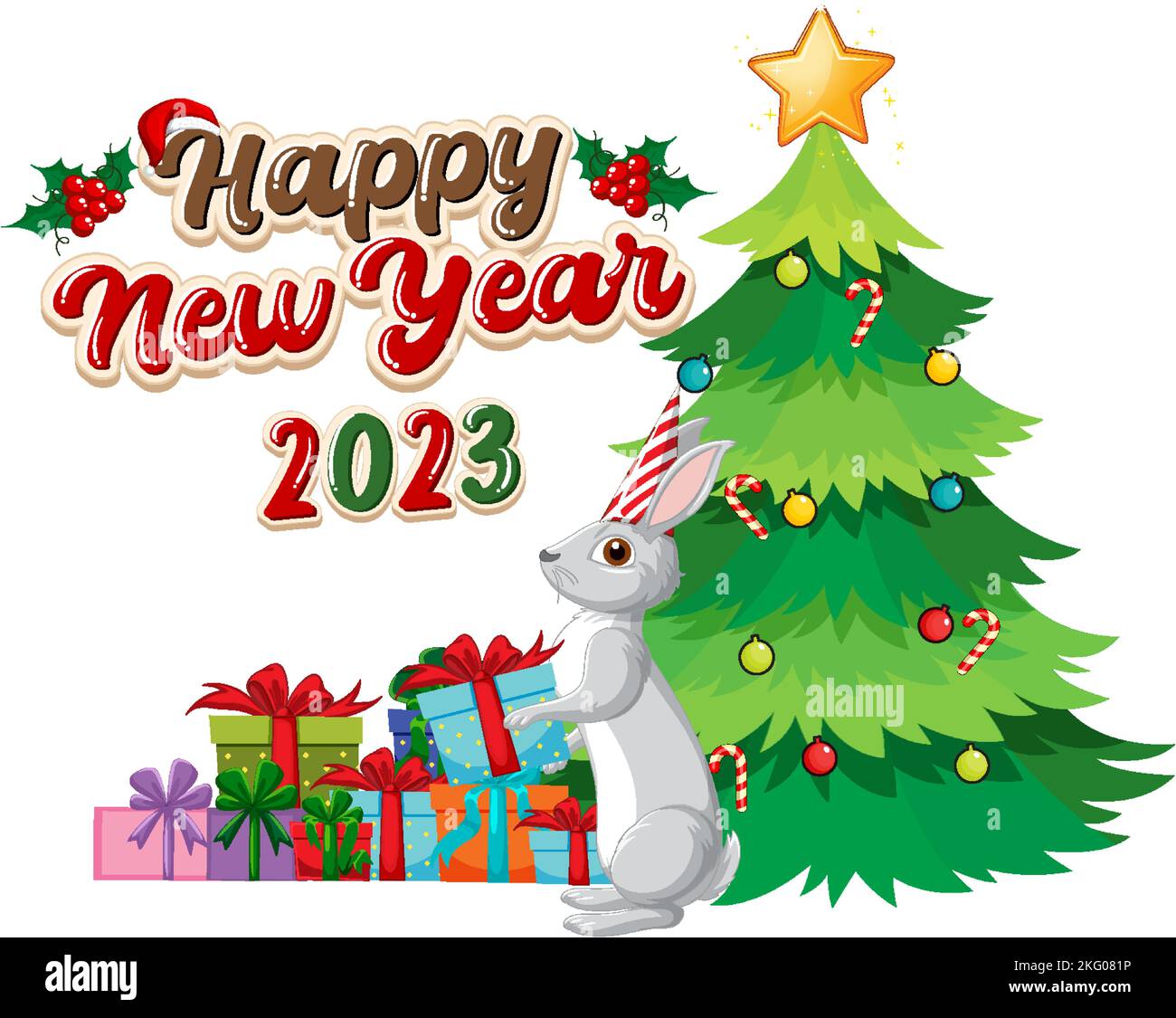 Happy New Year text with cute rabbit for banner design illustration ...