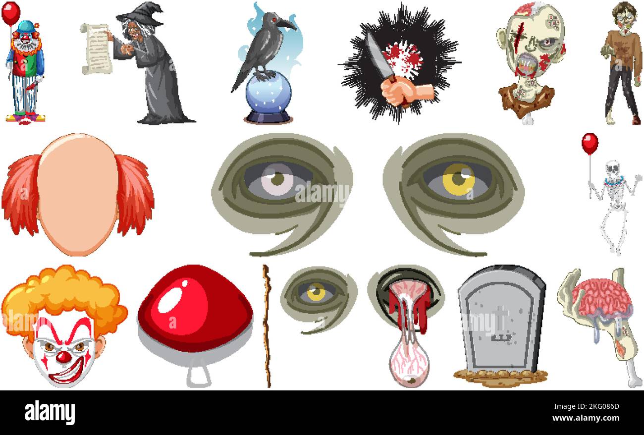 Set of horror halloween objects and cartoon characters illustration ...