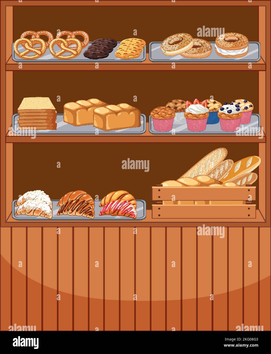 Bakery showcase with bread and pastry products illustration Stock ...