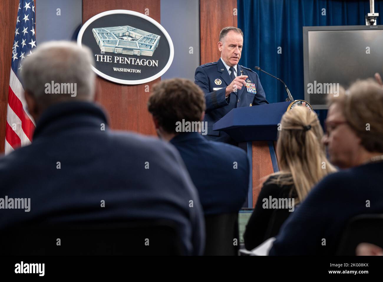Pentagon Press Secretary Air Force Brig. Gen. Pat Ryder speaks to members of the Pentagon Press ...