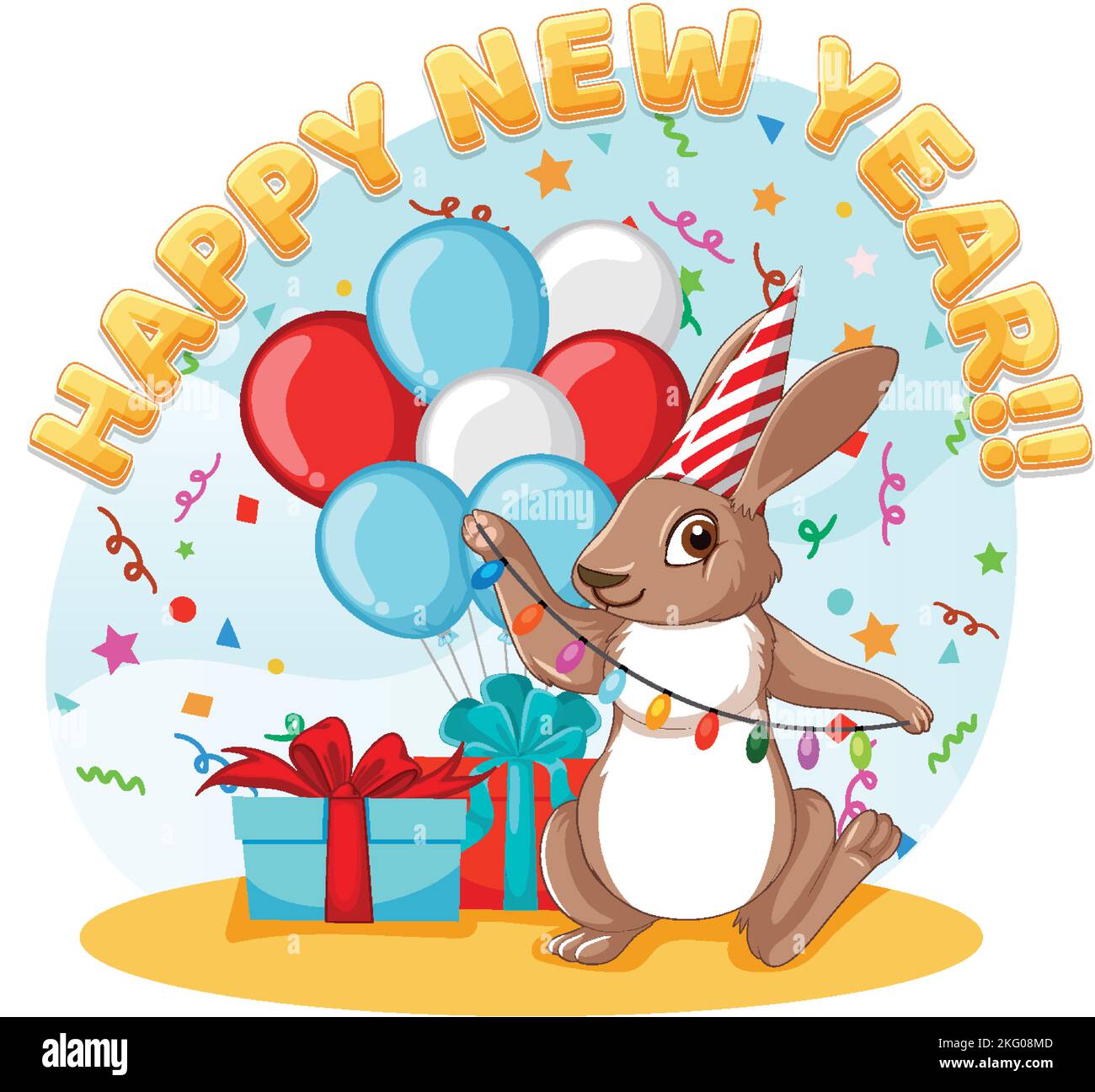 Happy New Year text with cute rabbit for banner design illustration ...