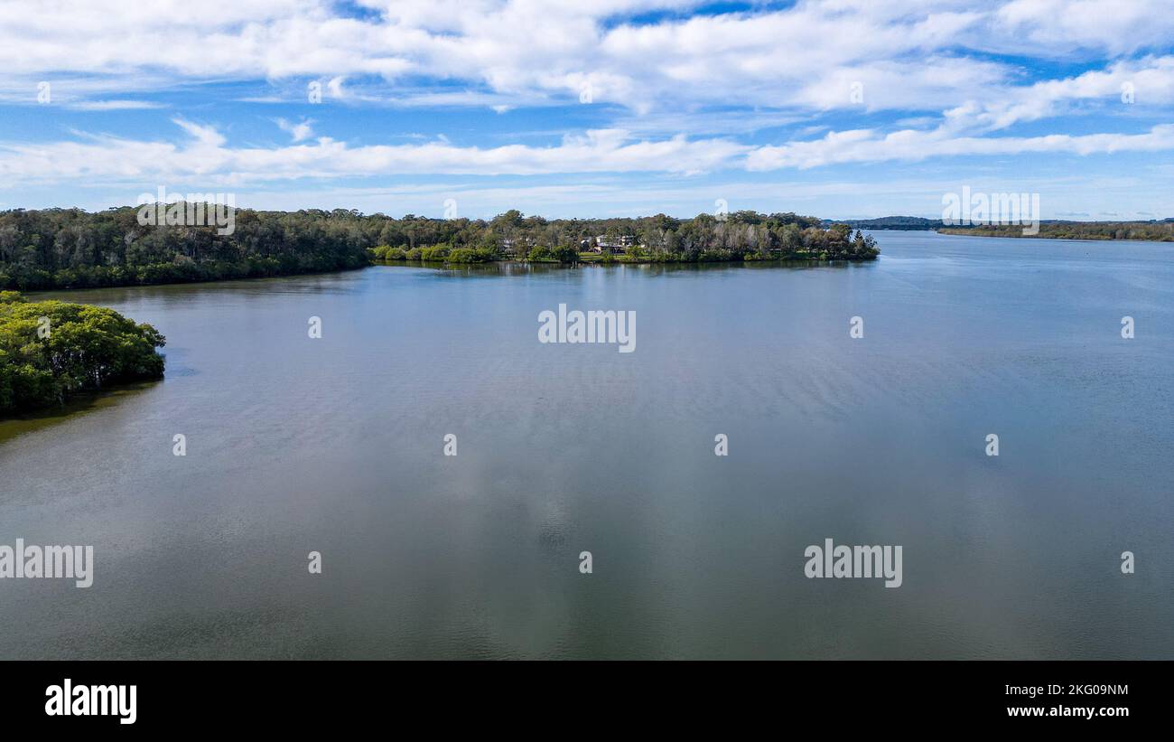 A drone shot of the Maria River in Port Macquarie, New South Wales ...