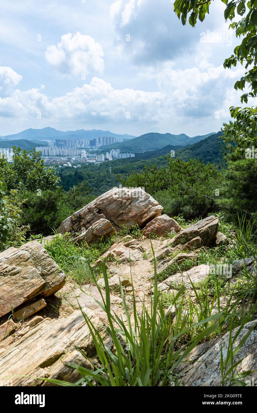 korean young women hiking and plogging mountain landscape Stock Photo ...