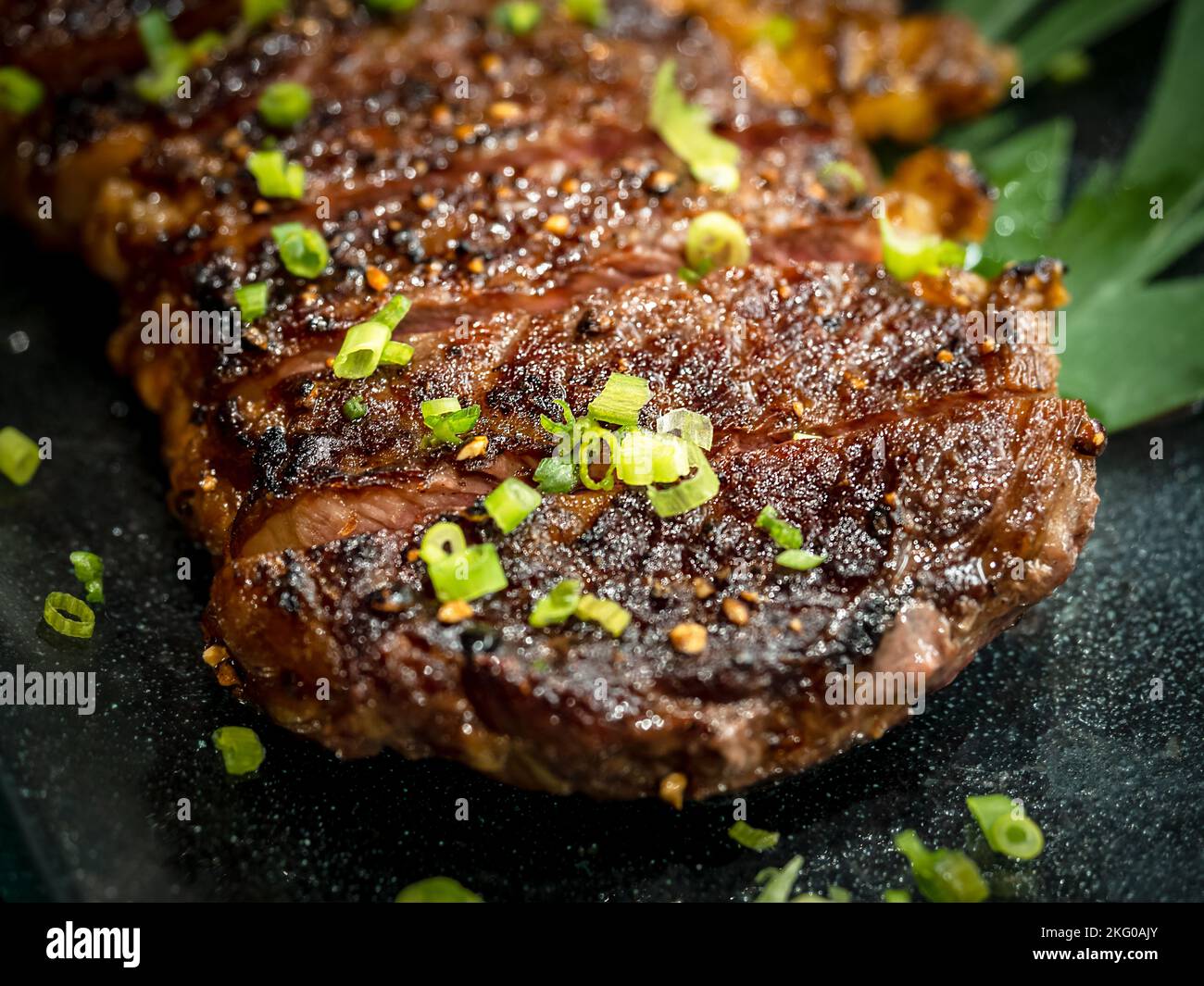 Close-up Australian sliced medium rare wagyu grilled beef steak top ...