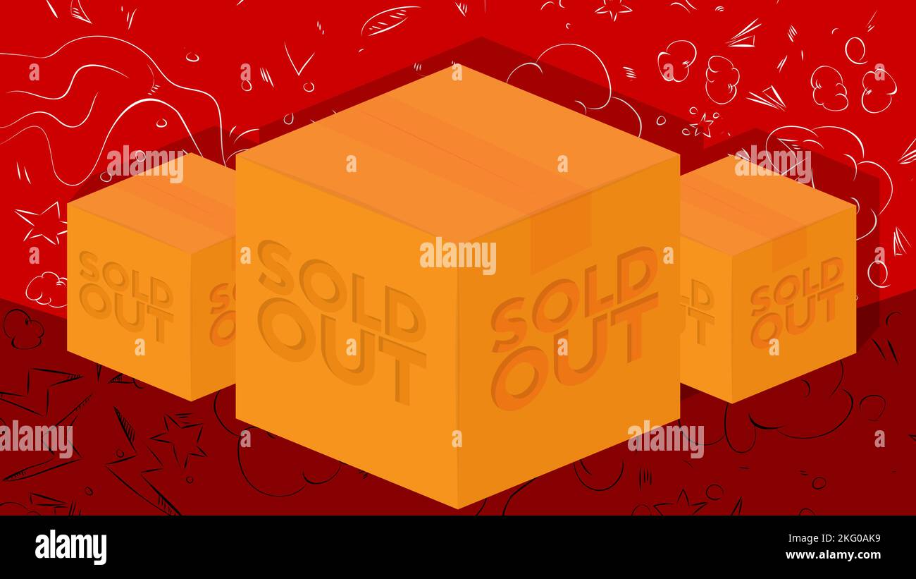 Sold Out word with cardboard box. Vector cartoon folded card box ...