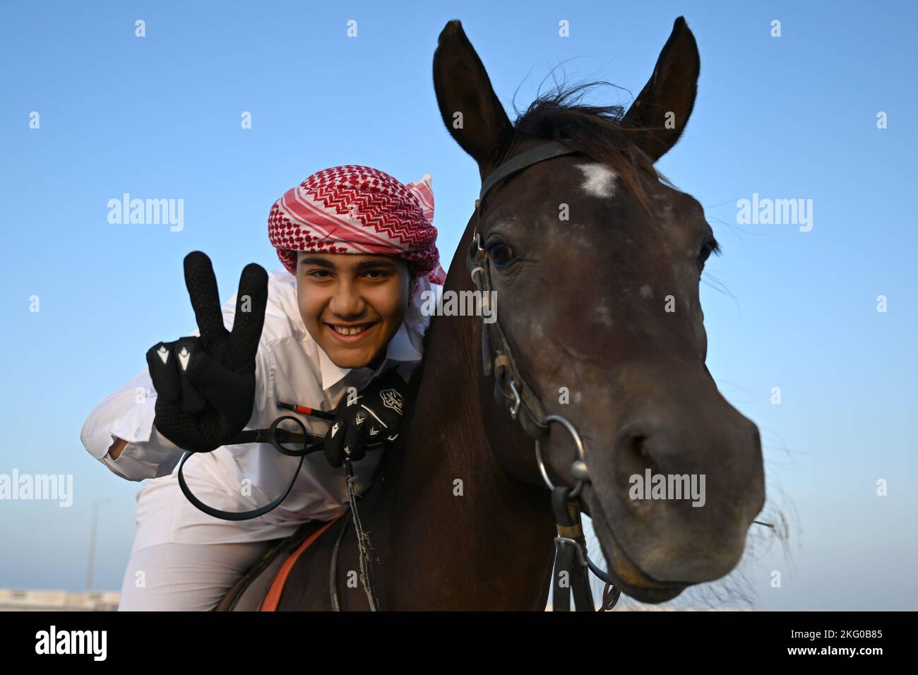 Al Ruwais, Qatar. 20th Nov, 2022. Qatari Marwan Sameh rides an Arabian ...
