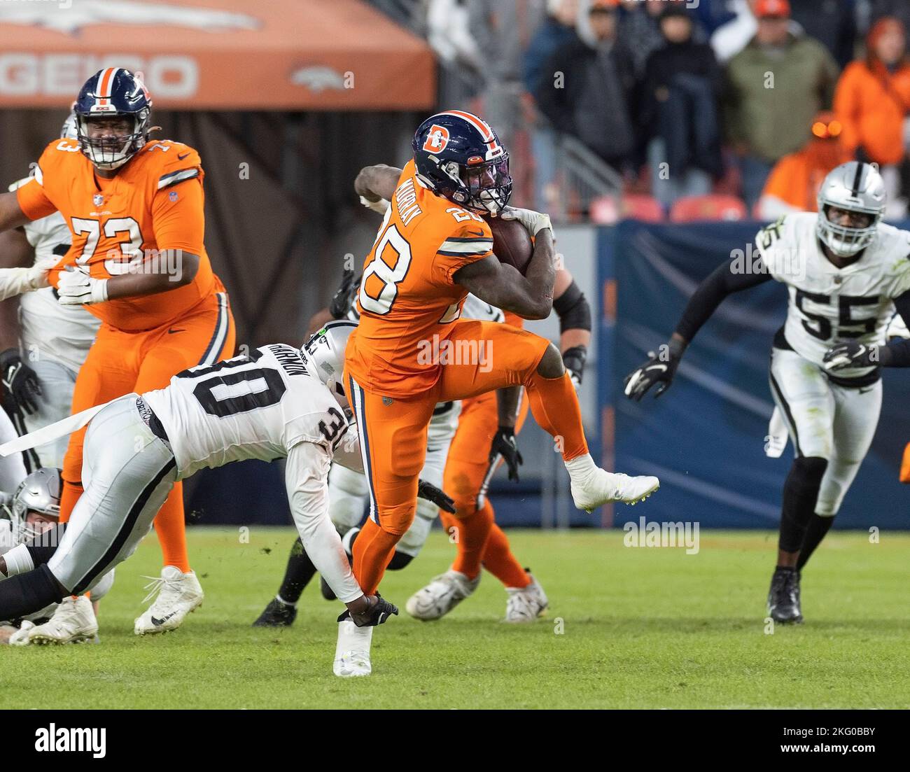 Denver, Colorado, USA. 20th Nov, 2022. Broncos RB LATAVIUS MURRAY high ...