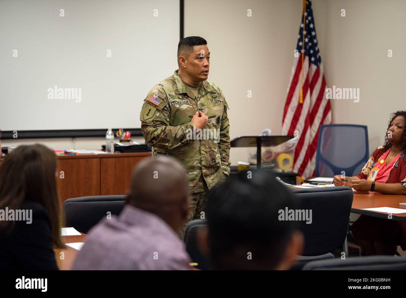 Col. Frankie Cochiaosue, 733d Mission Support Group commander, provides ...