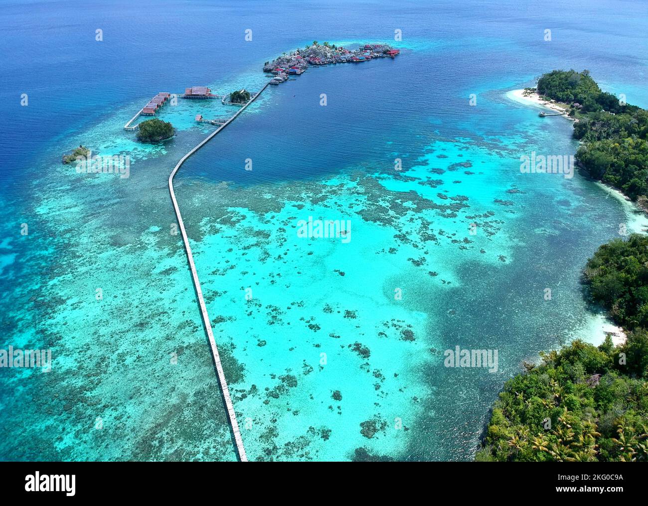 A scenic bird's eye view of an island with turquoise water surrounded ...