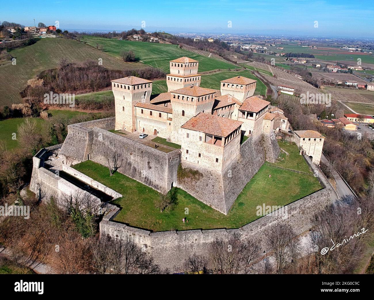 A scenic bird's eye view of the historic Torrechiara castle surrounded ...