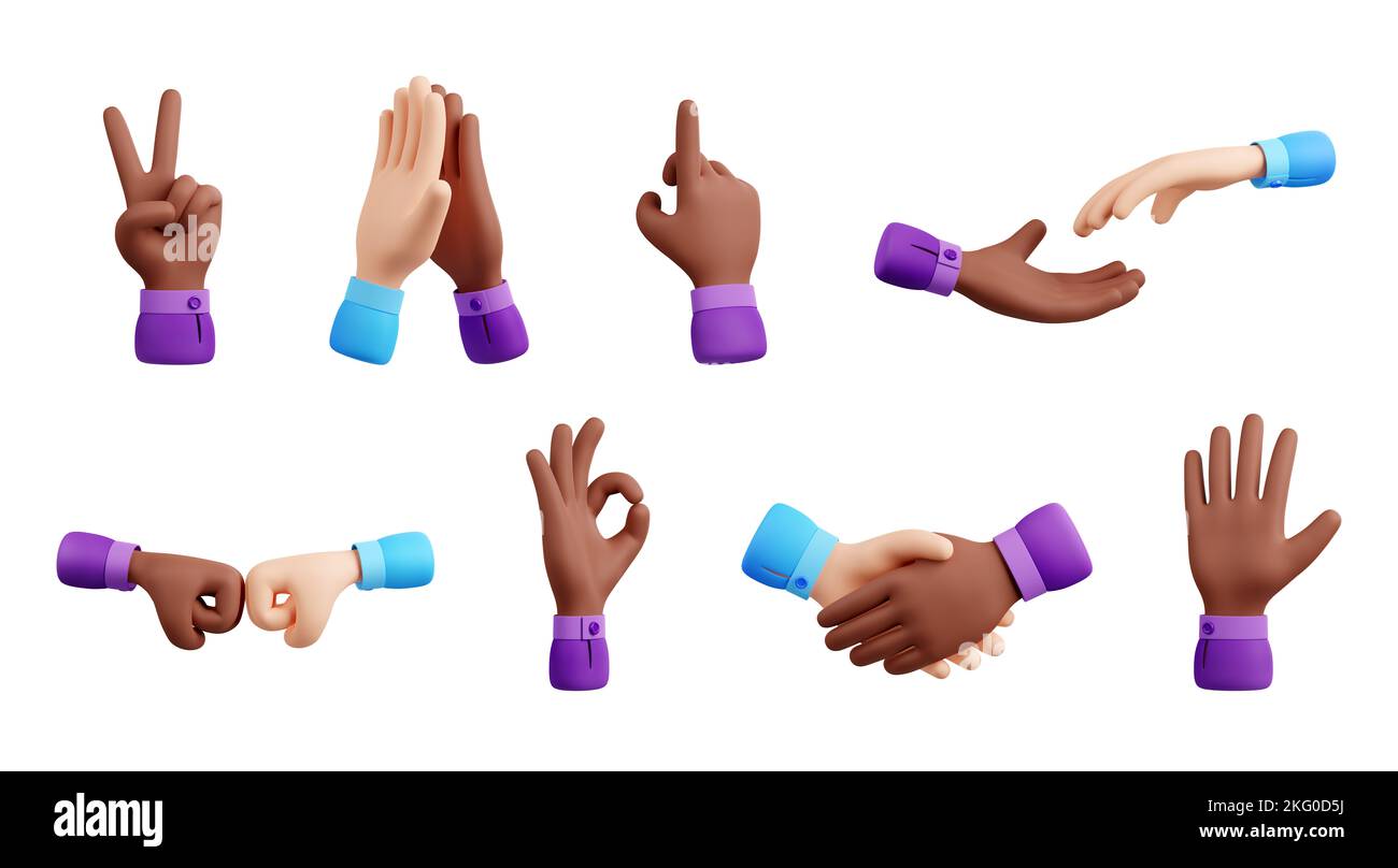 3d render black and white hands gestures ok, business handshake, peace ...