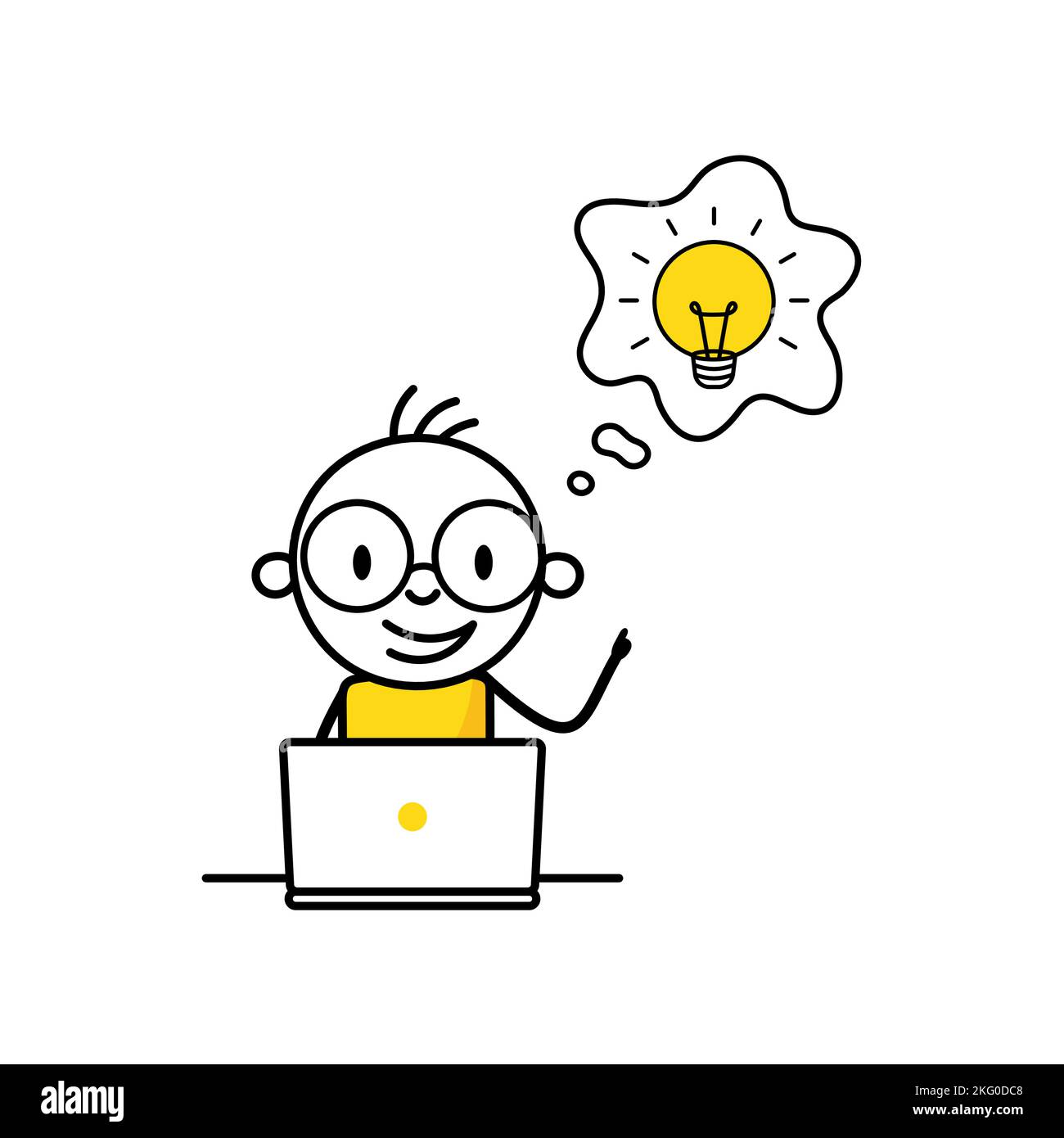 Man with laptop who has a light bulb above his head. Idea and creativity concept. Vector stock ...