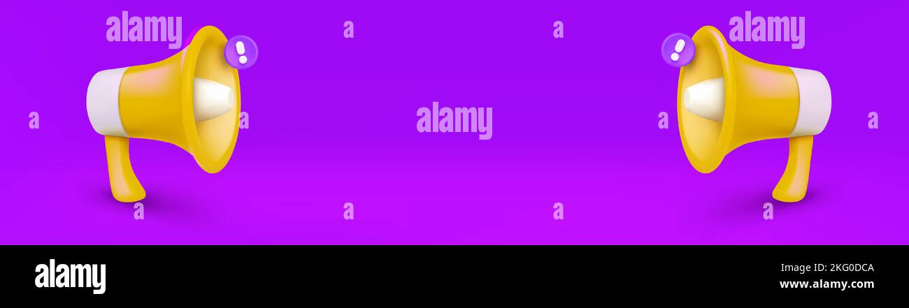 Set of yellow megaphones with exclamation mark on purple background. 3D vector illustration of ...