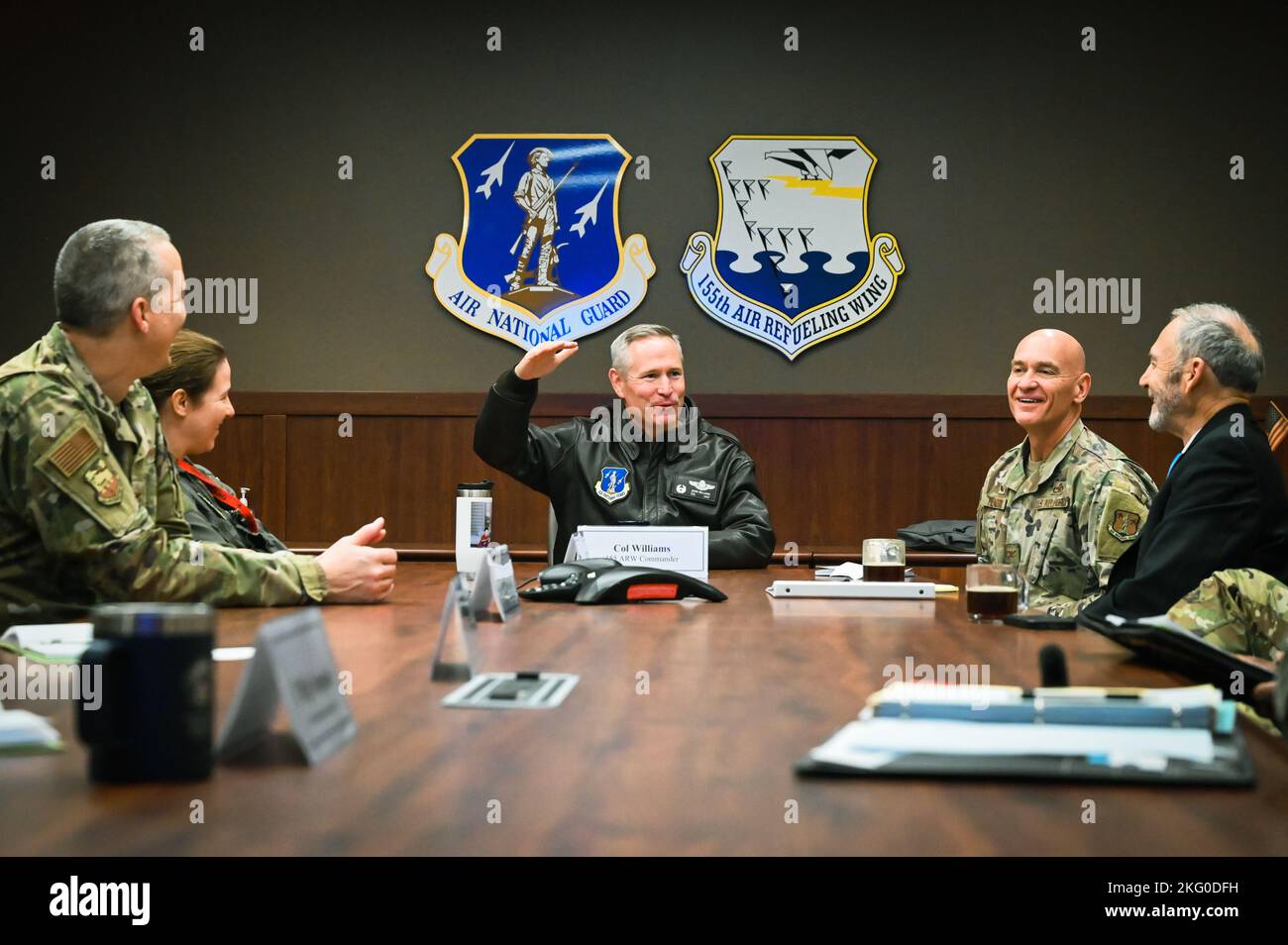 Col. John Williams, 155th Air Refueling Wing commander, talks to the ...