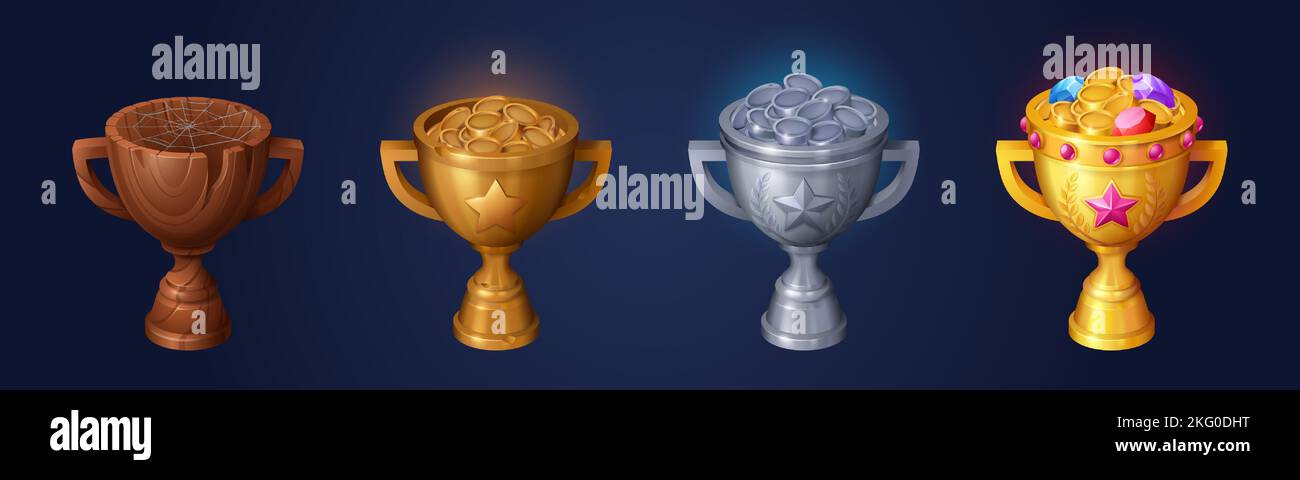 Rank trophies, gold, silver, bronze and wooden cups with money and gems ...