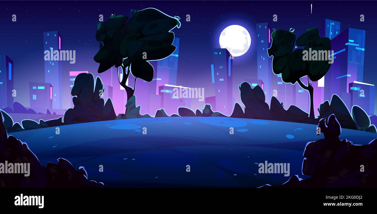 Night cityscape background and moonlit urban park. Cartoon vector ...