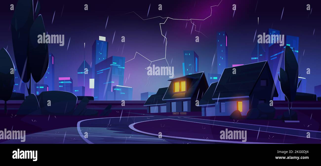 Rainy night in city suburb. Cartoon vector illustration of town street ...
