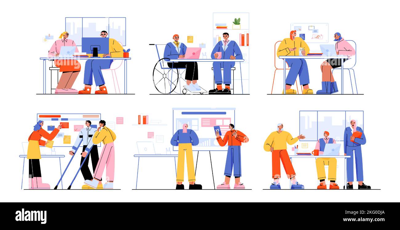 People discuss job in office, talk together on business meeting ...