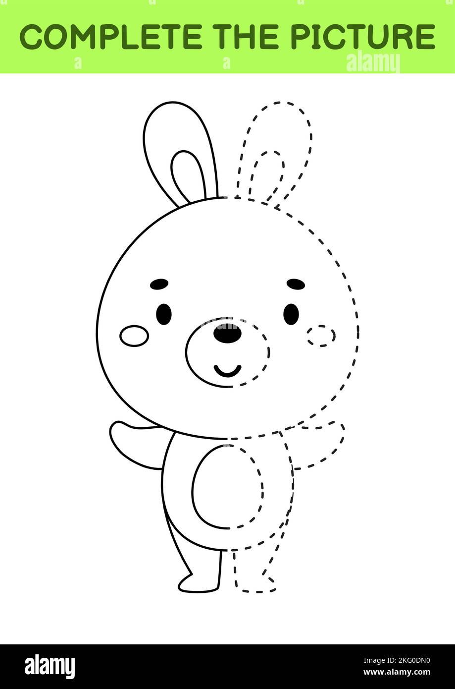Complete drawn picture of cute hare. Coloring book. Dot copy game ...