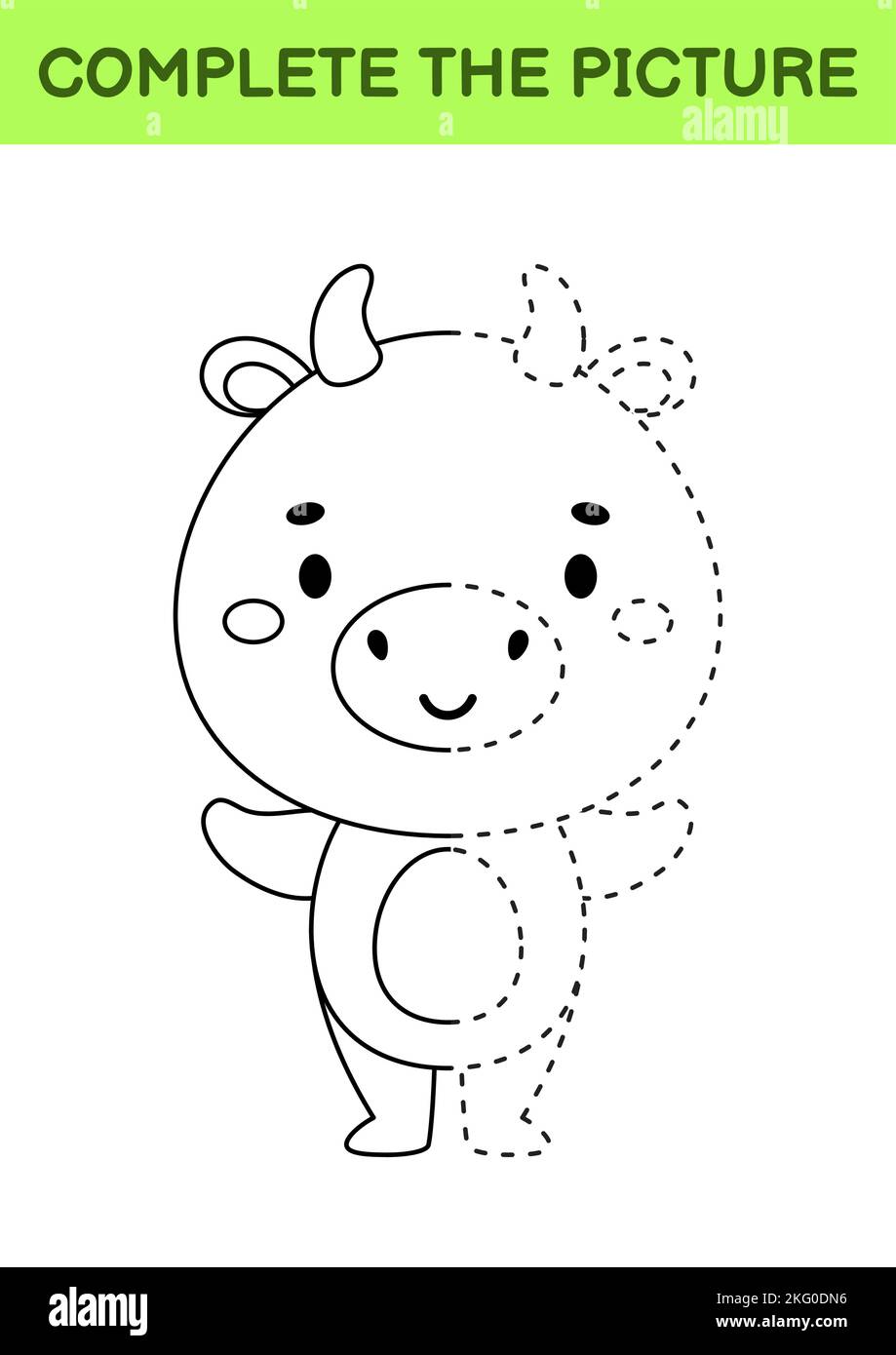 Complete drawn picture of cute bull. Coloring book. Dot copy game ...