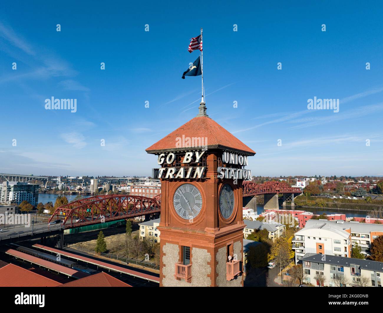 Union Station passenger railway station with sign on tower saying "Go ...