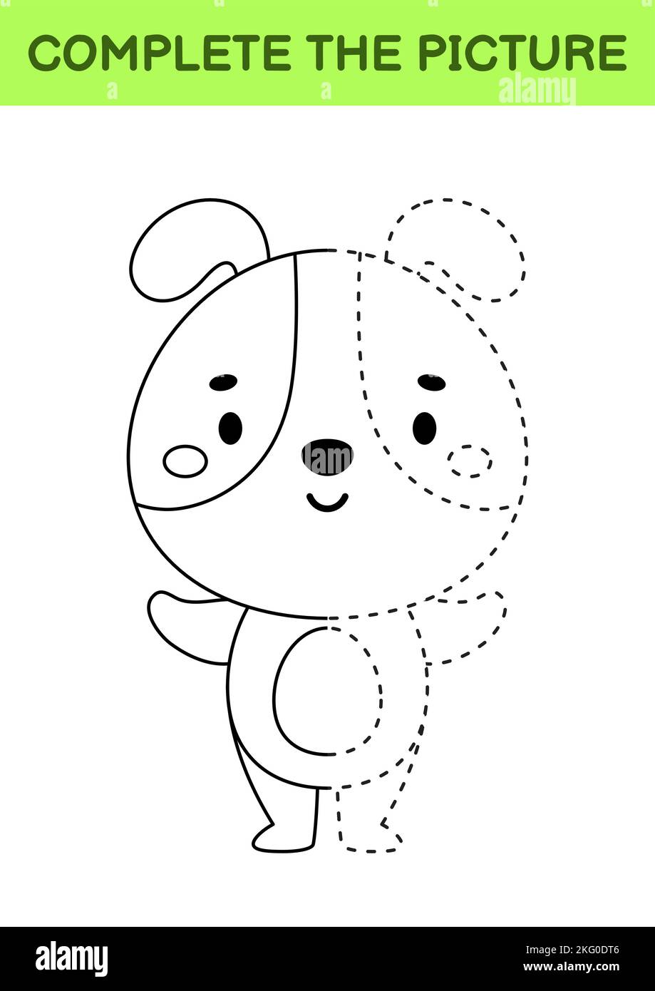 Complete drawn picture of cute dog. Coloring book. Dot copy game ...