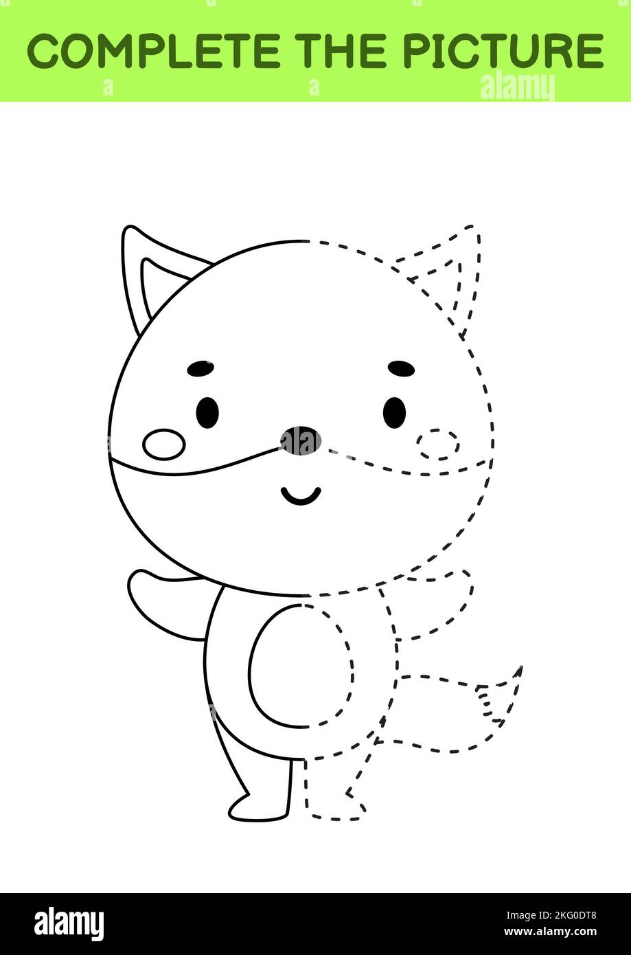 Complete drawn picture of cute fox. Coloring book. Dot copy game ...