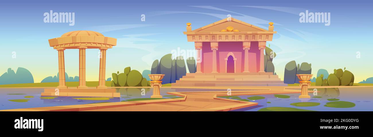 Ancient temple, antique architecture building with columns and paved ...
