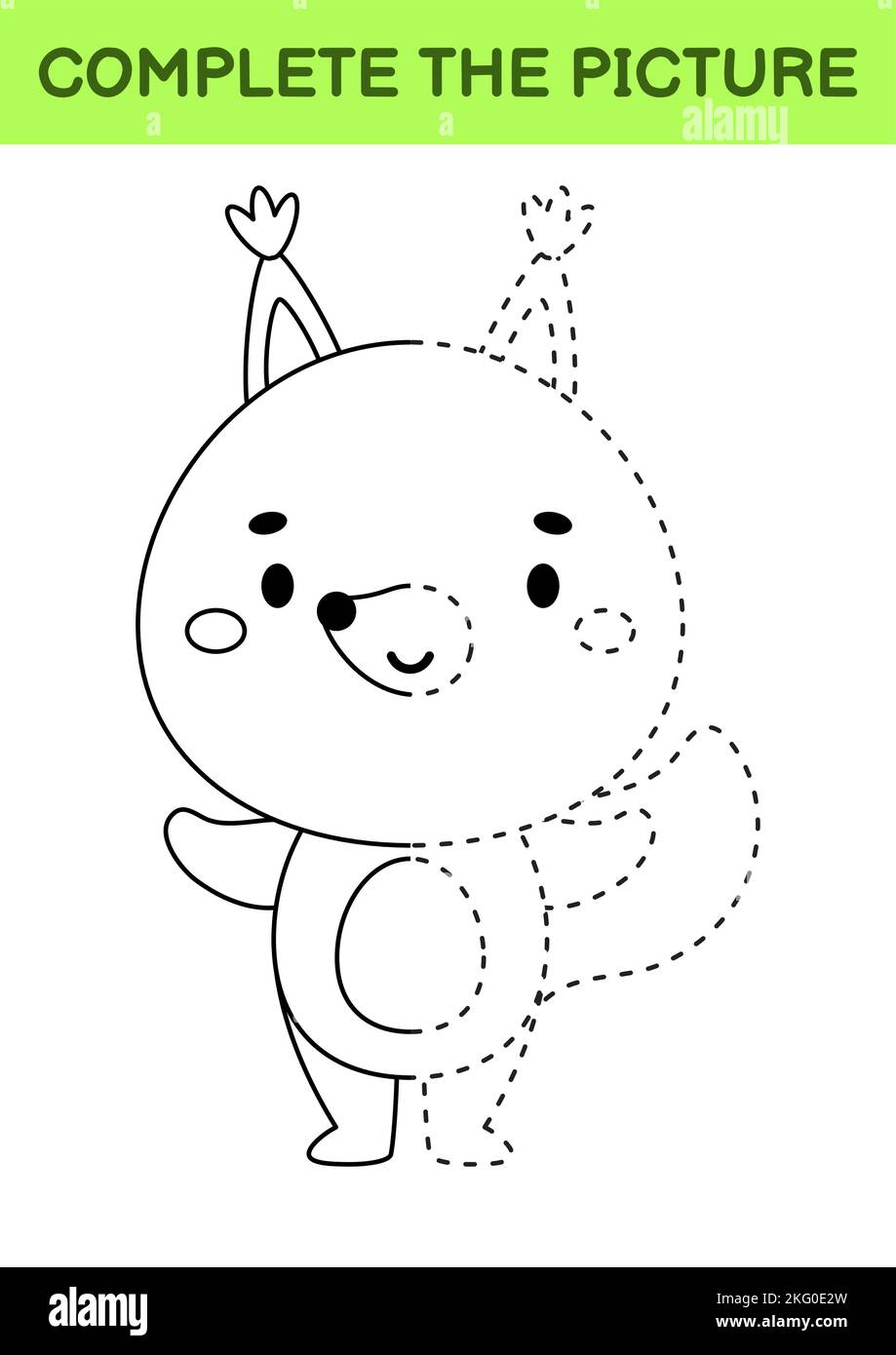 Complete drawn picture of cute squirrel. Coloring book. Dot copy game ...