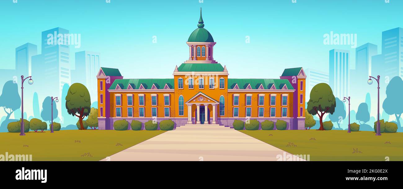 University or college campus building front view. High school ...